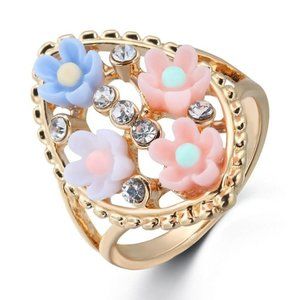 Jewelry | Handmade Colorful Floral Flowers Gold Tone Ring | Poshmark